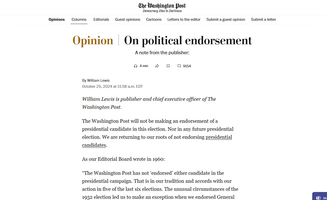 Washington Post diz que não vai apoiar nem Kamala nem Trump; ex-editor ...