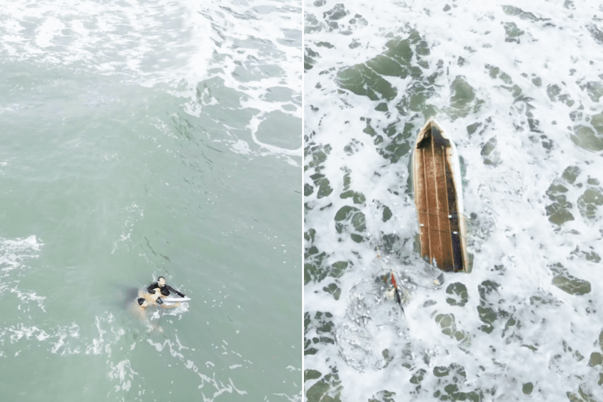 Barco vira e surfista usa prancha para salvar pescadores; VÍDEO | G1
