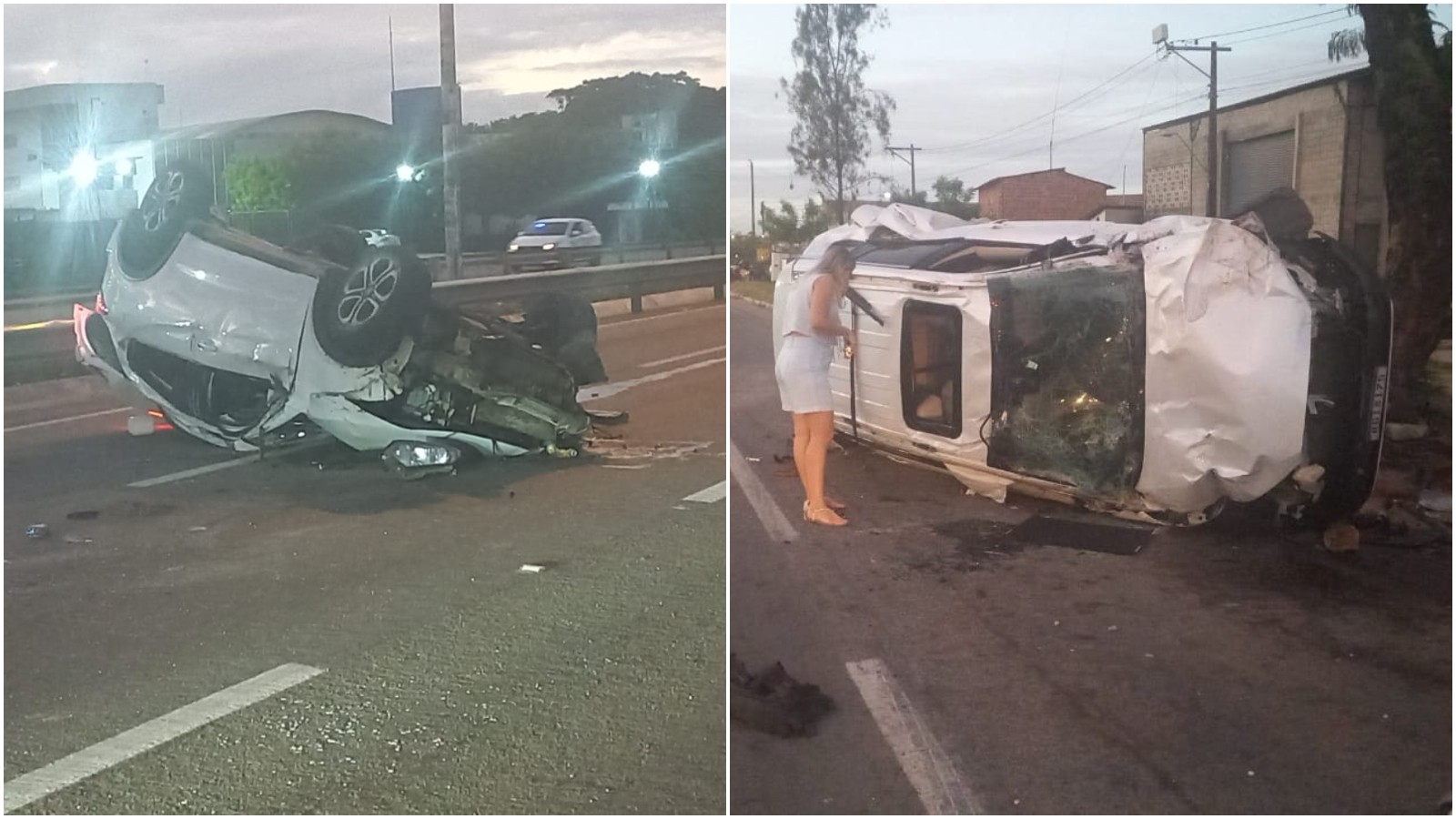 Colisão deixa carro capotado e outro tombado na BR-116, em Fortaleza