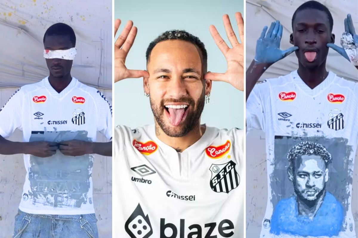 Artista venda os olhos desenha rosto de Neymar em camisa do Santos FC | G1