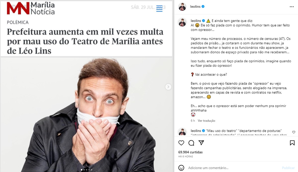 Léo Lins comenta decreto da Prefeitura de Marília que aumentou multa por mau uso de teatro um ...