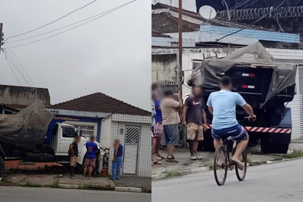 Motorista de caminhão perde o controle do veículo e bate em muro de casa no litoral de SP ...