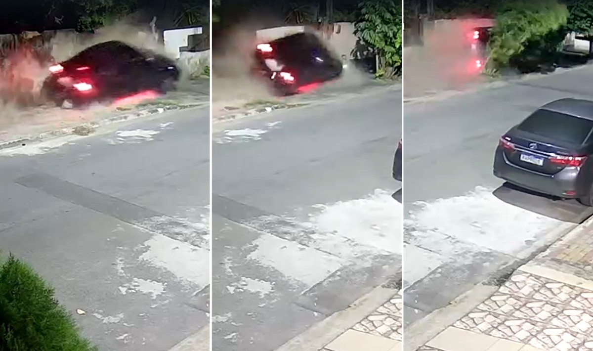 VÍDEO: Carro 'voa' sobre calçada, derruba muro e tomba em Campos | G1