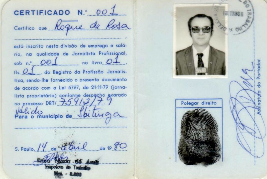 Primeiro jornalista a ter registro profissional em SP, Roque de Rosa ...