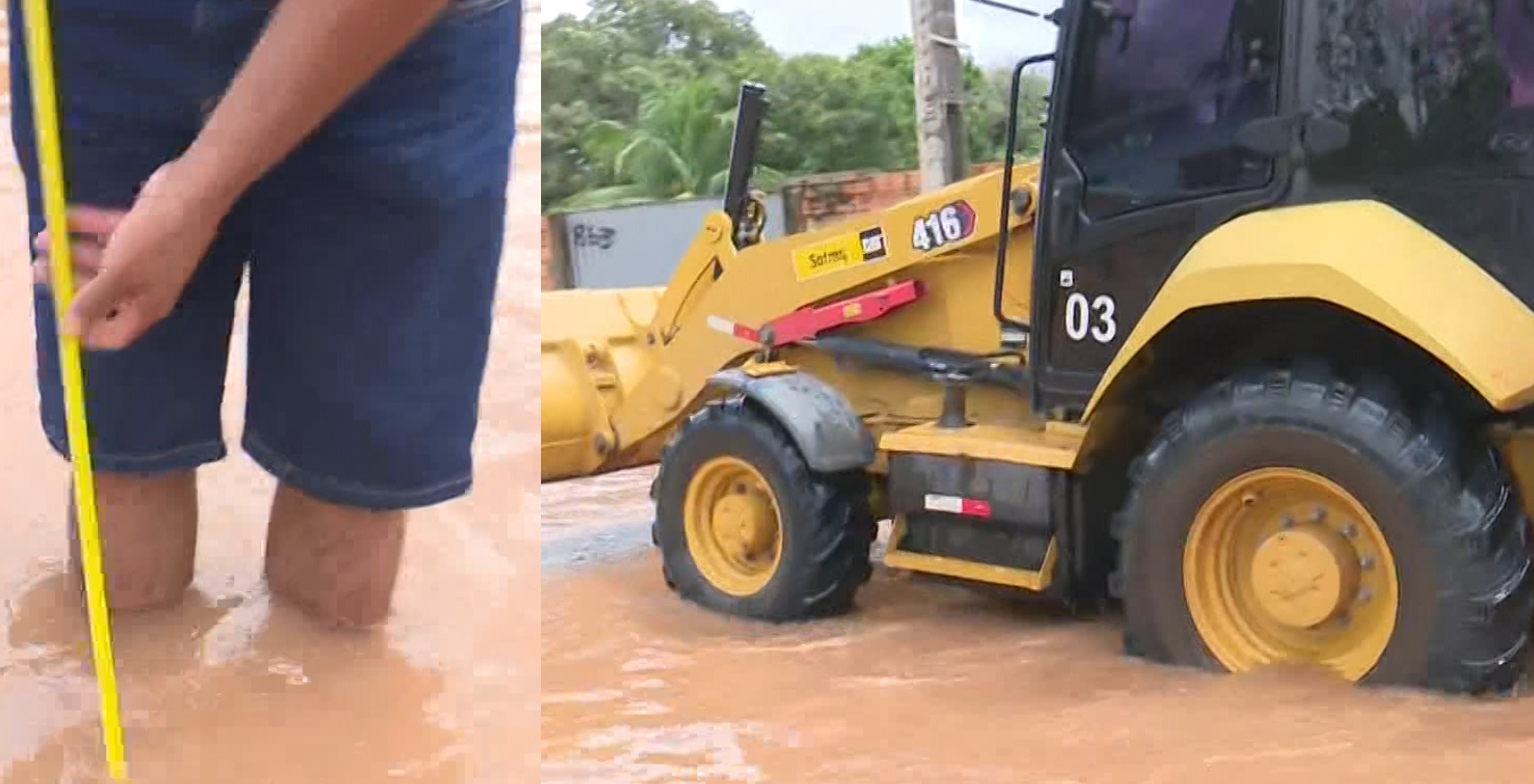 Trator cai em buraco de rua alagada enquanto morador mede nível da água ...