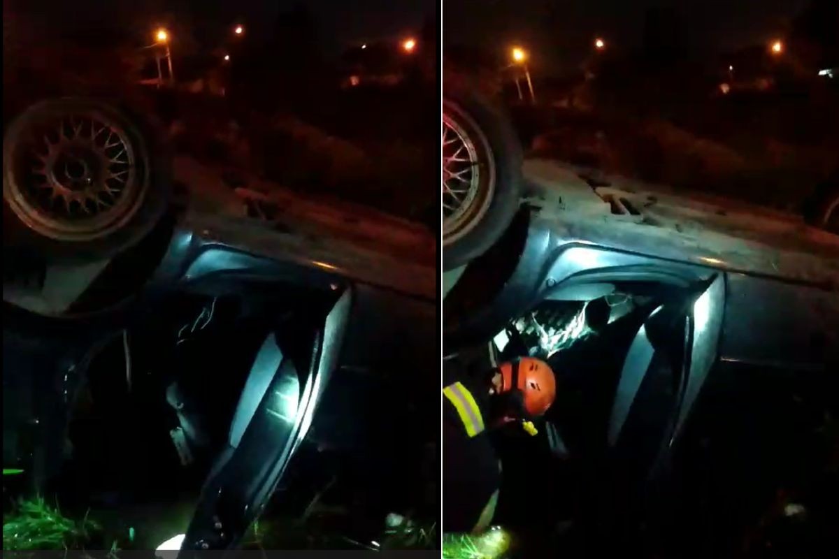 Carro capota em córrego e motorista sai ileso no litoral de SP; VÍDEO | Santos e Região | G1