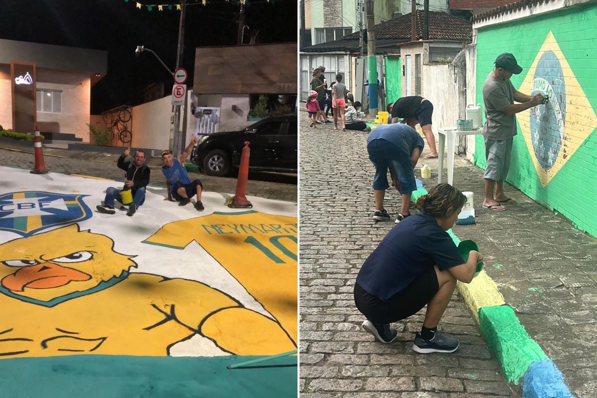 Rua de condomínio de Neymar é pintada para a Copa do Mundo em Santos | G1