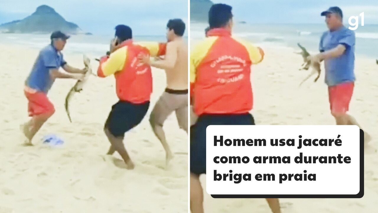 Homem usa jacaré para ameaçar outras pessoas durante briga em praia no ...