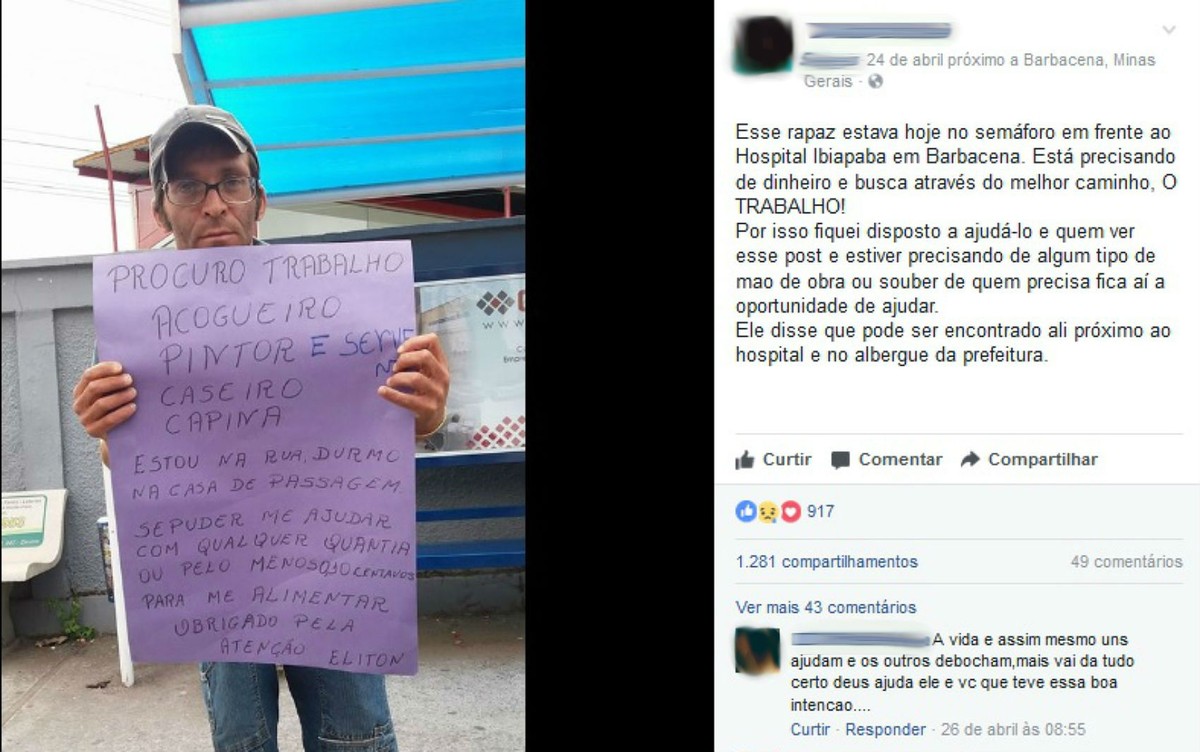 'Procuro trabalho': foto em rede social ajuda morador de rua a ...
