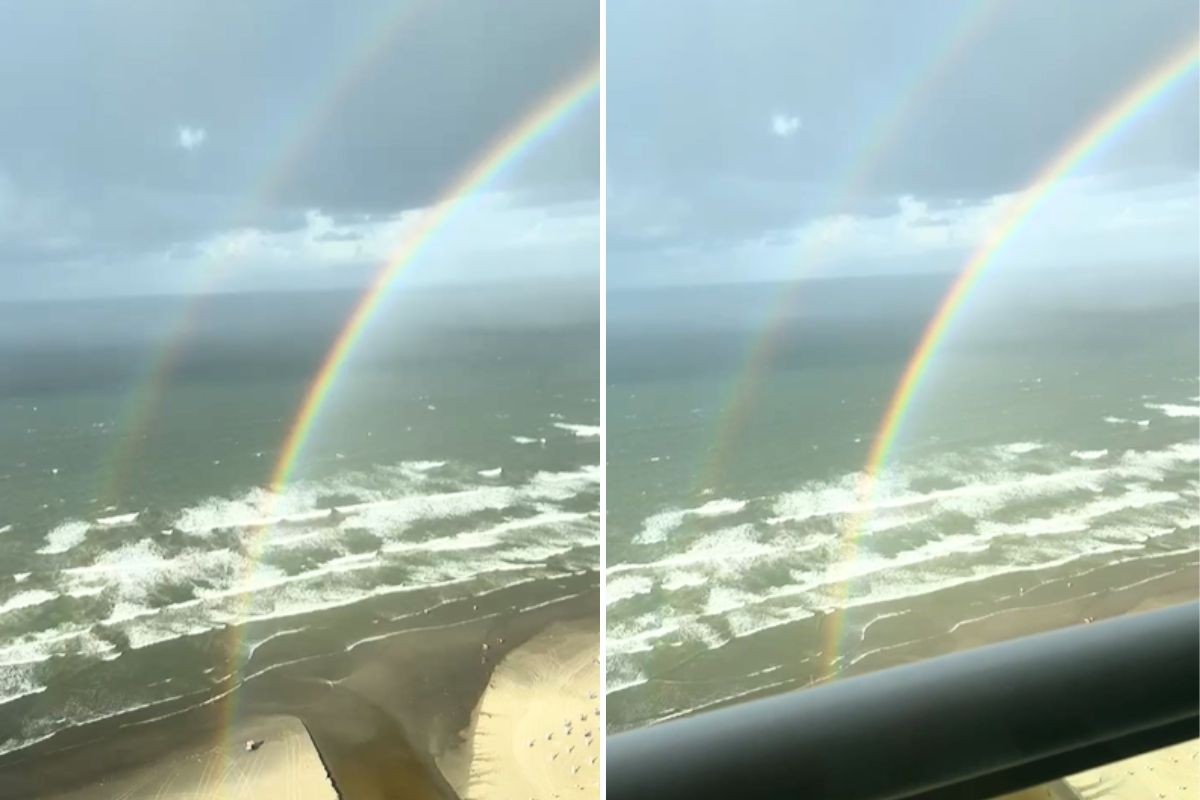Arco-íris duplo surge do mar após temporal em SP; VEJA