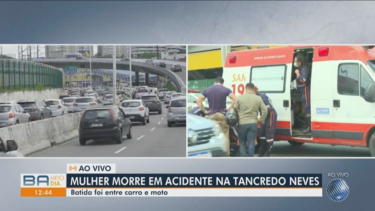 Mulher morre e homem fica ferido em acidente entre carro e moto na Av. Tancredo Neves, em ...