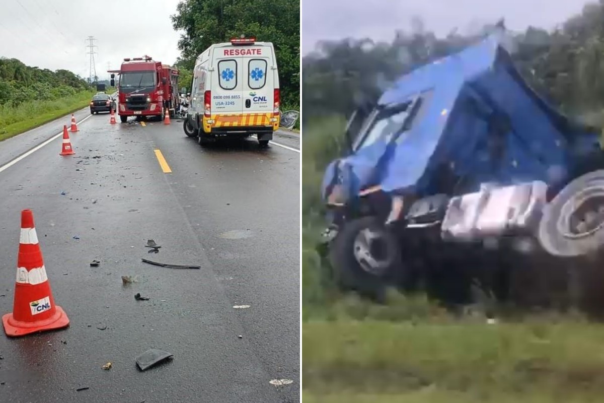Acidente entre carros e carreta deixa motorista morto e mulher ferida na rodovia Pe. Manoel da ...