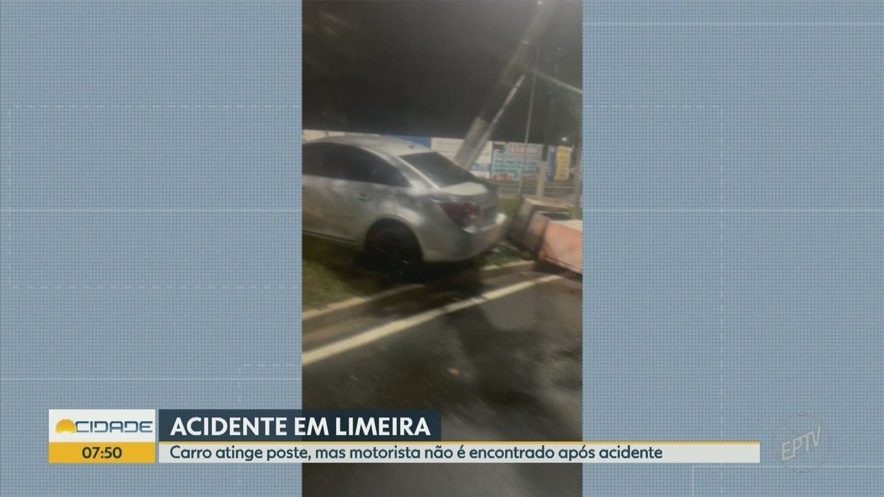 Motorista bate carro em poste de rotatória de Limeira e foge