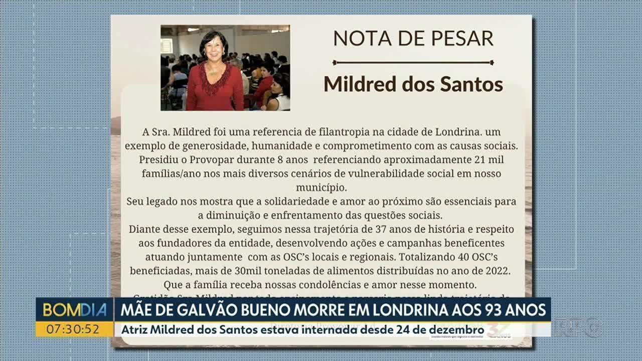 Mãe de Galvão Bueno, Mildred dos Santos morre aos 93 anos no Paraná | G1