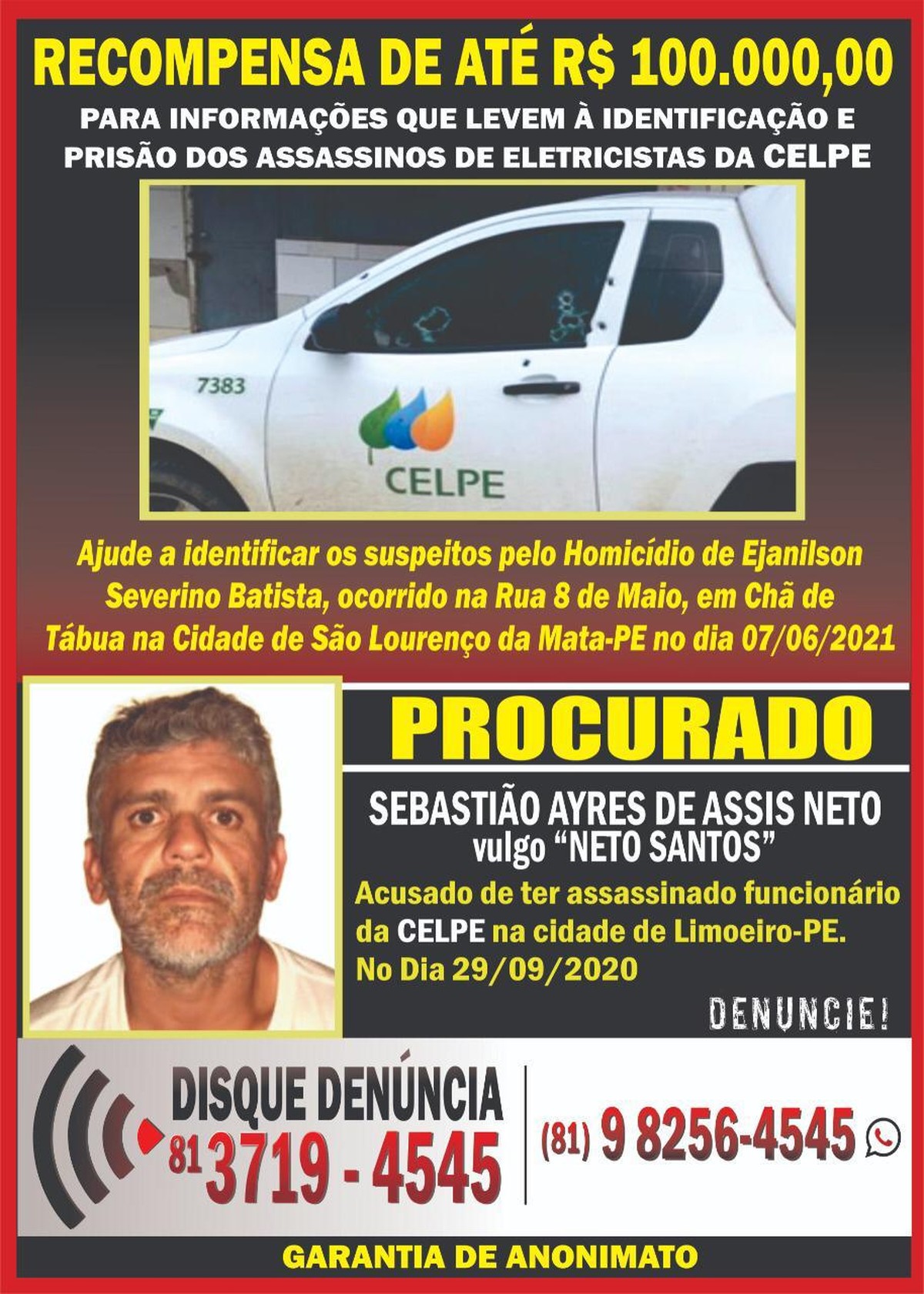 Disque Denúncia E Celpe Oferecem Recompensa De Até R 100 Mil Por