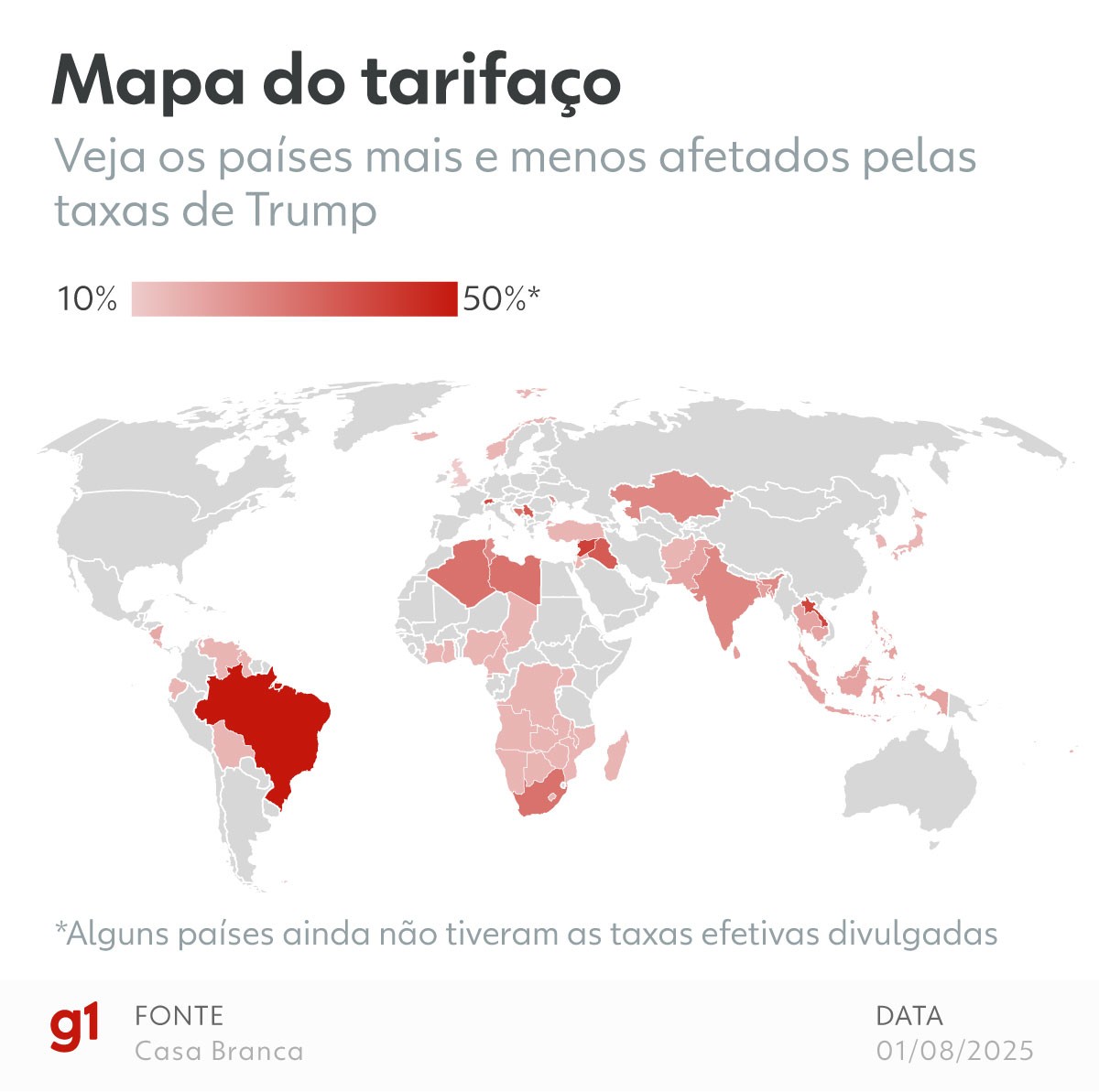 Mapa do tarifaço: veja países mais e menos afetados com taxas dos EUA | G1