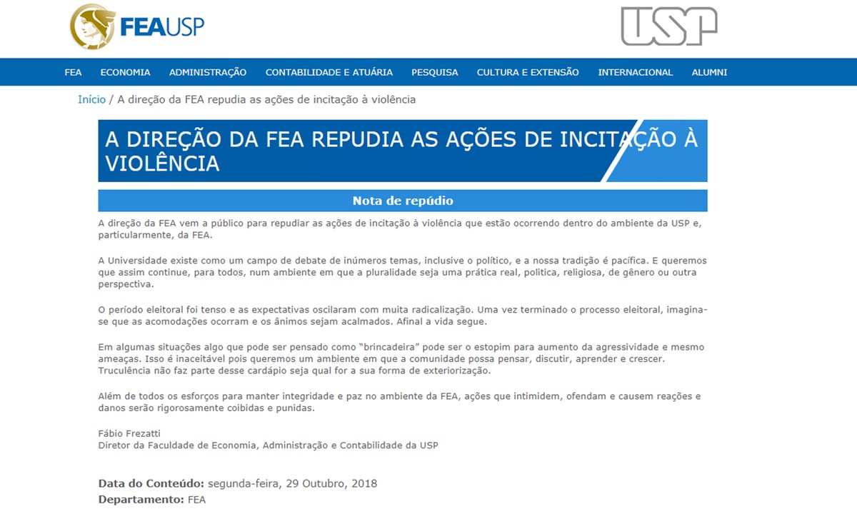 Direção da FEA-USP adverte alunos que postaram foto com ameaças e ...
