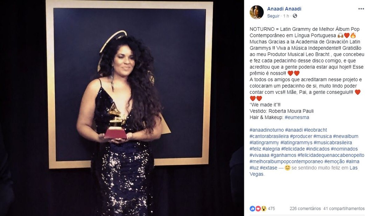 Anaadi recebe Grammy Latino 2018 pelo álbum 'Noturno' em premiação em ...