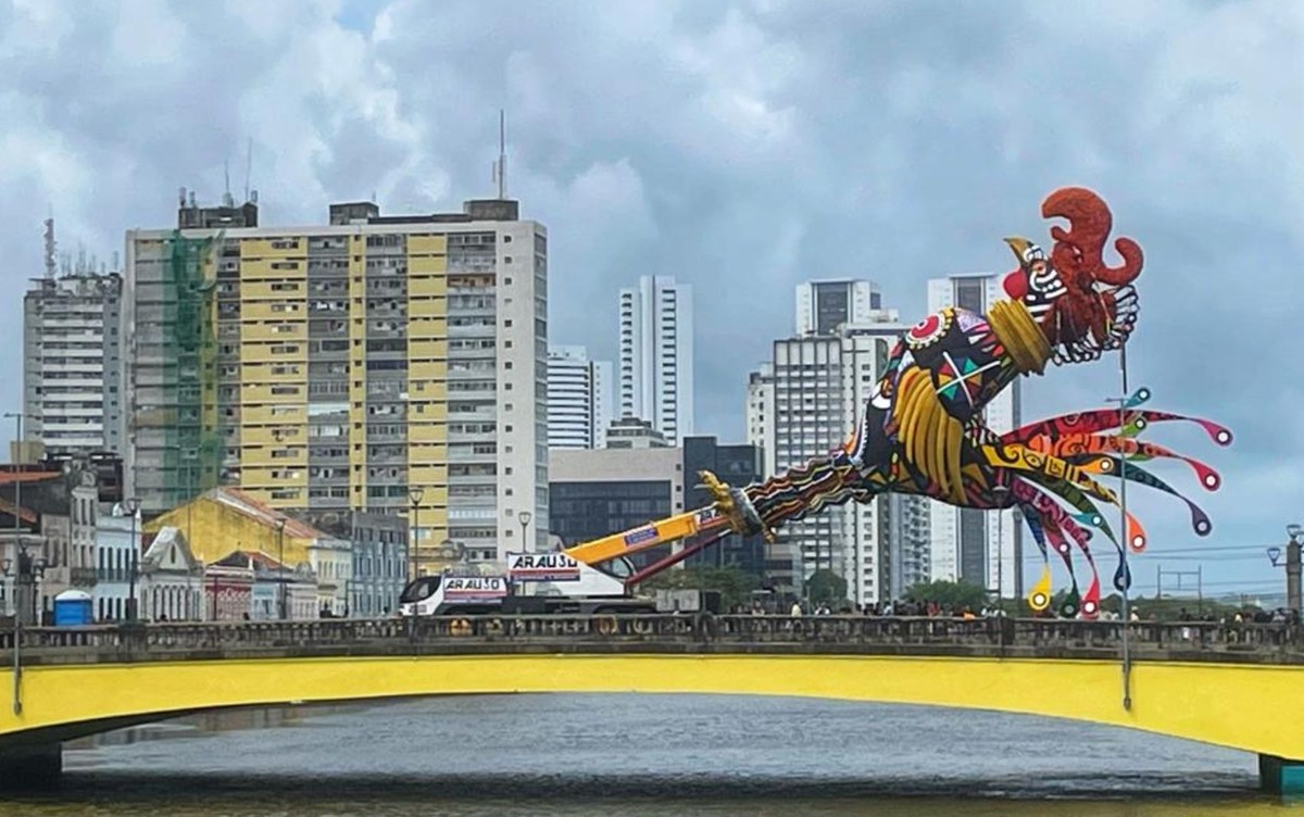 Montagem do Galo gigante na Ponte Duarte Coelho, no Recife; FOTOS ...