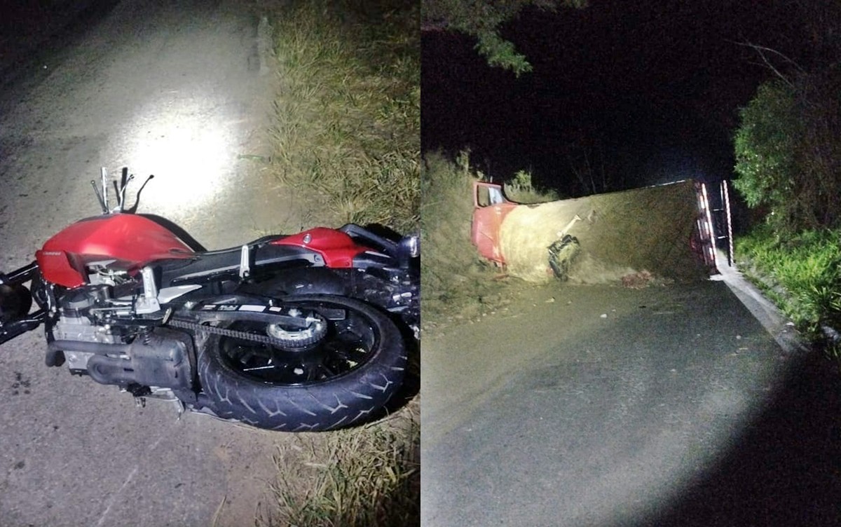 Caminhão carregado com batatas perde controle, bate em moto e tomba na MG-455, em Andradas, MG ...