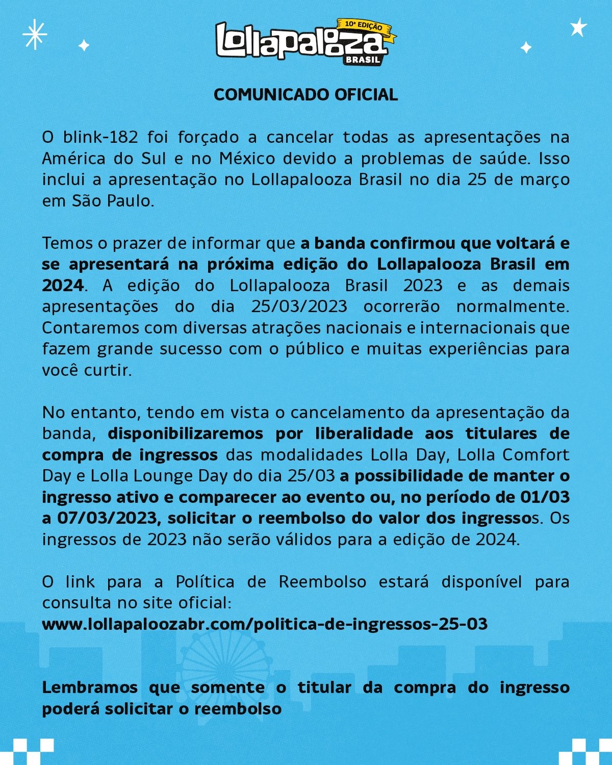 Blink-182 tocará no Lollapalooza 2024, após cancelamento de show no ...